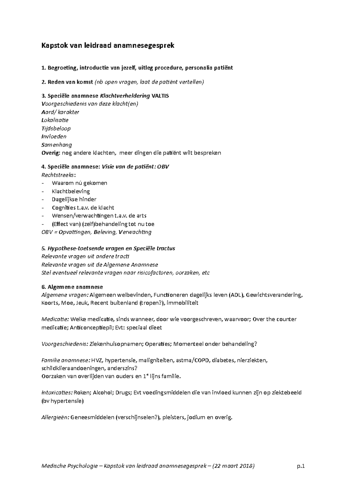 Overzicht Anamnese - Kapstok van leidraad anamnesegesprek 1. Begroeting ...