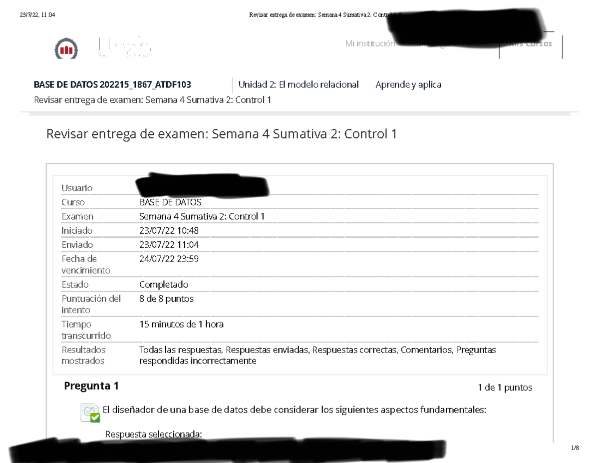 Revisar entrega de examen Semana 4 Sumativa 2 Control 1 & - BASE DE DATOS 202215_1867_ATDF103 ...