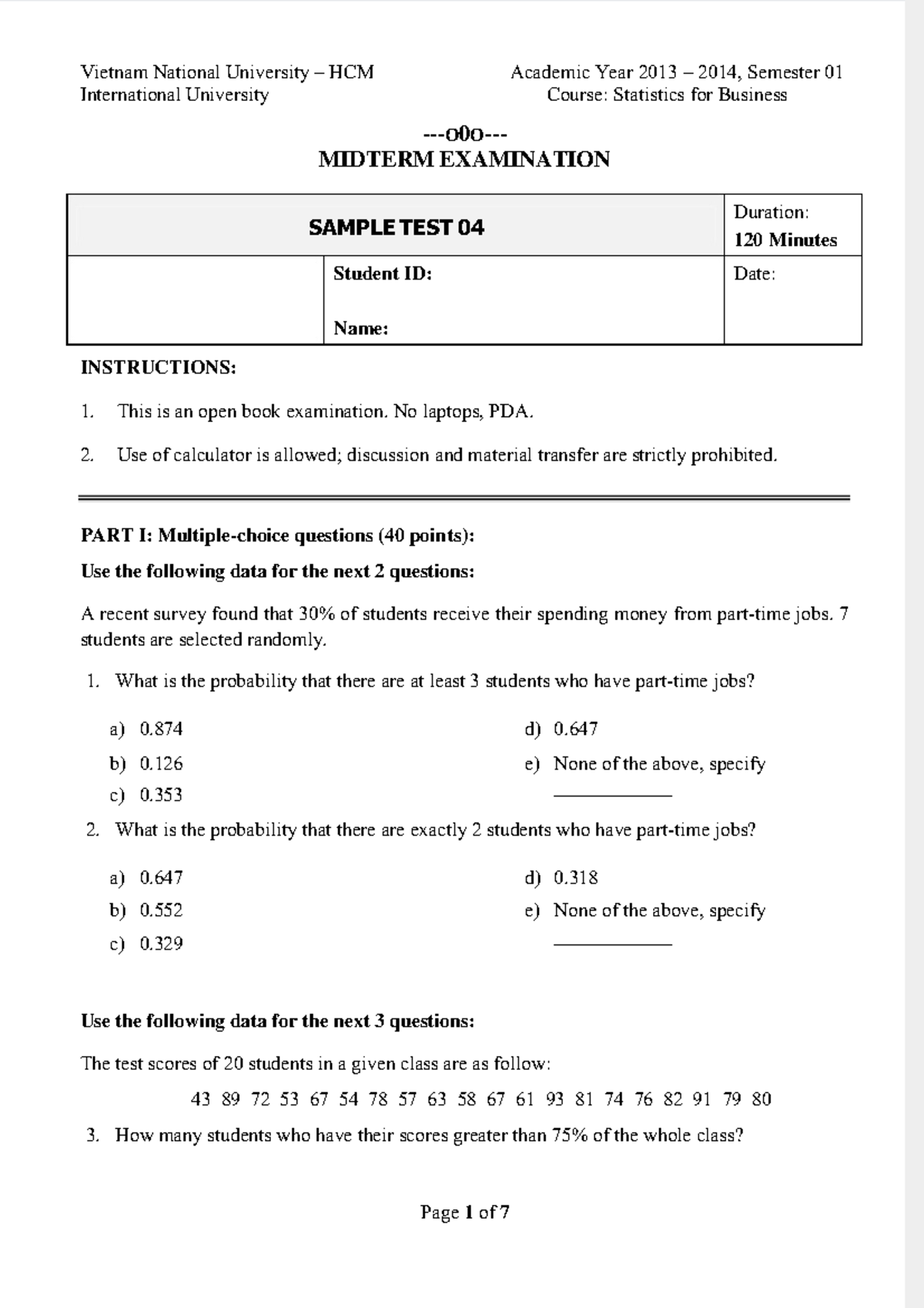 Stat fall2013 Sample Mid IU - Vietnam National University – HCM ...