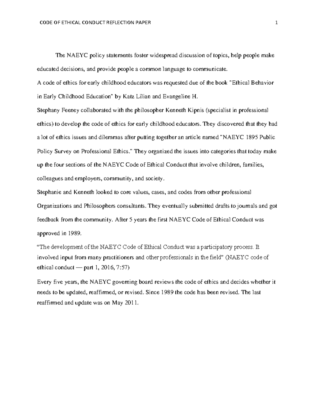Code Of Ethical Conduct Reflection Paper 1 CODE OF ETHICAL CONDUCT
