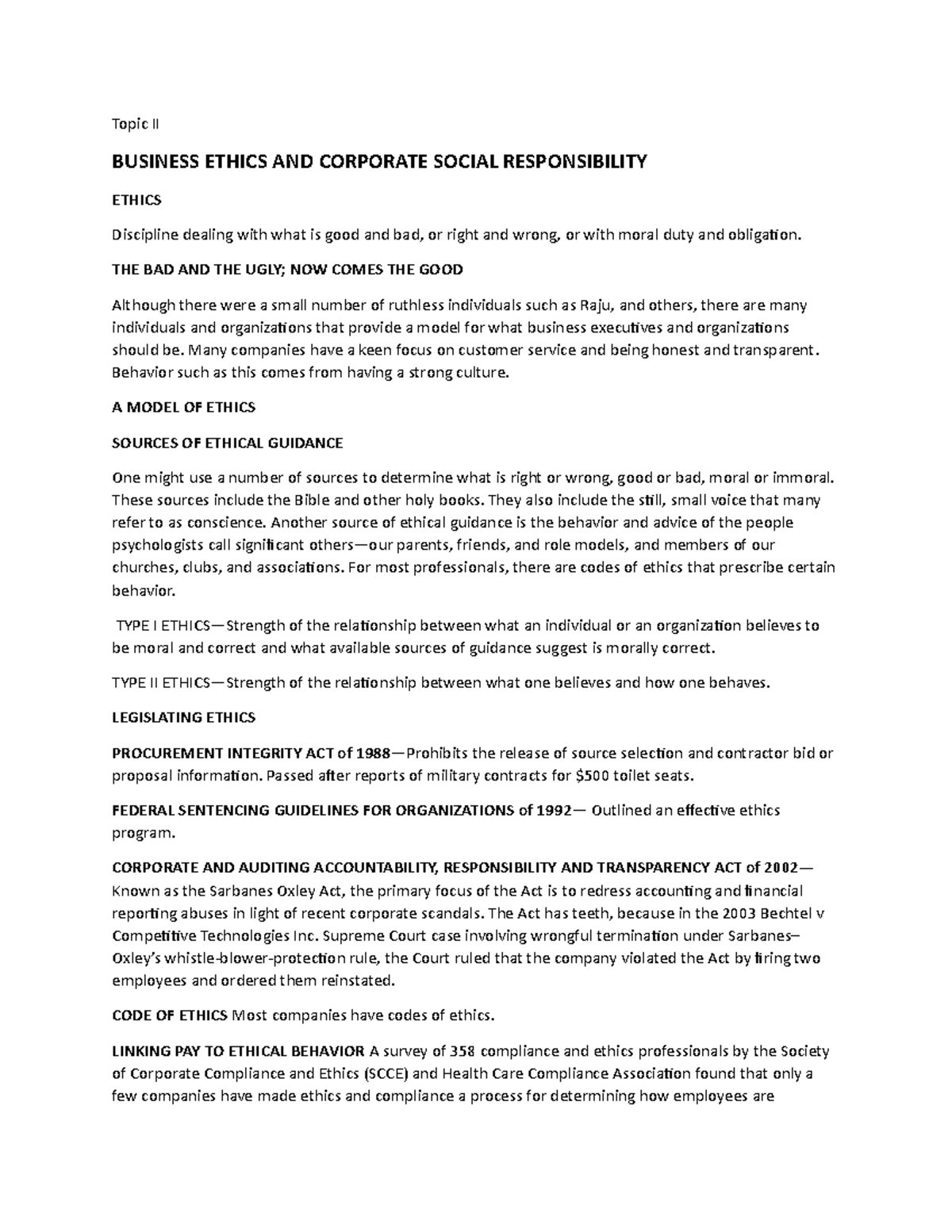 Topic 2 - Topic II BUSINESS ETHICS AND CORPORATE SOCIAL RESPONSIBILITY ...