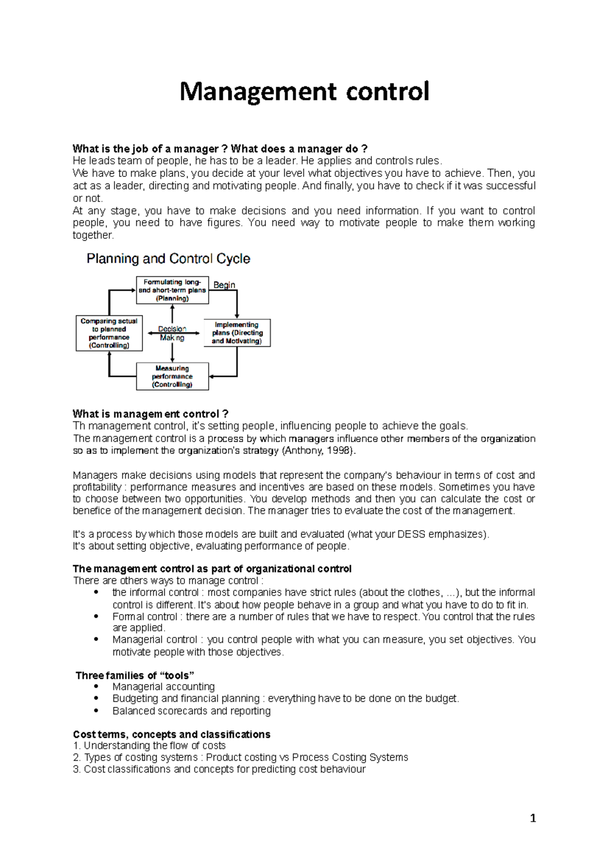 Management control - Notes de cours 1 - Management control What is the ...