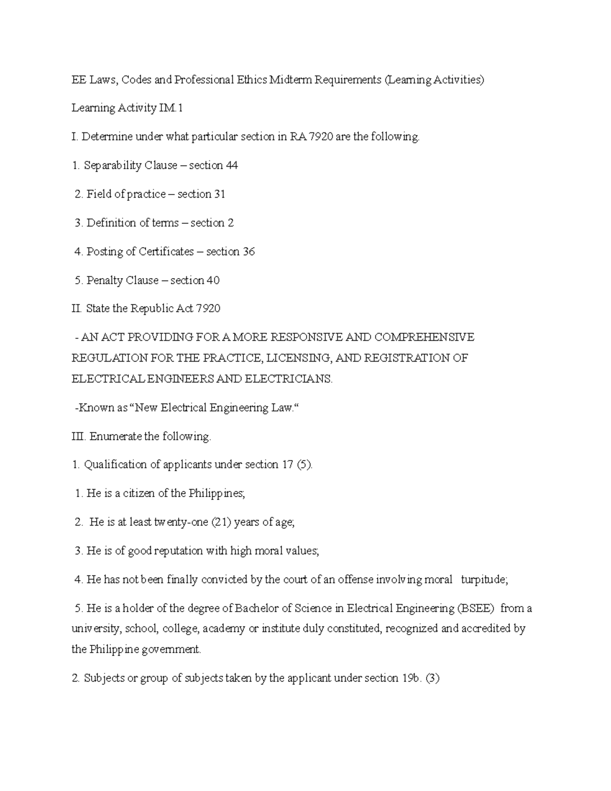 EE LAWS Assignment Midtem - EE Laws, Codes and Professional Ethics Midterm Requirements ...