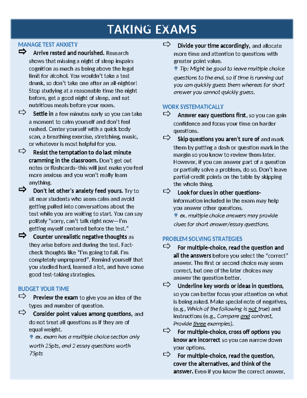 Test Taking Handout - TAKING EXAMS “TO DO” LIST MANAGE TEST ANXIETY ...