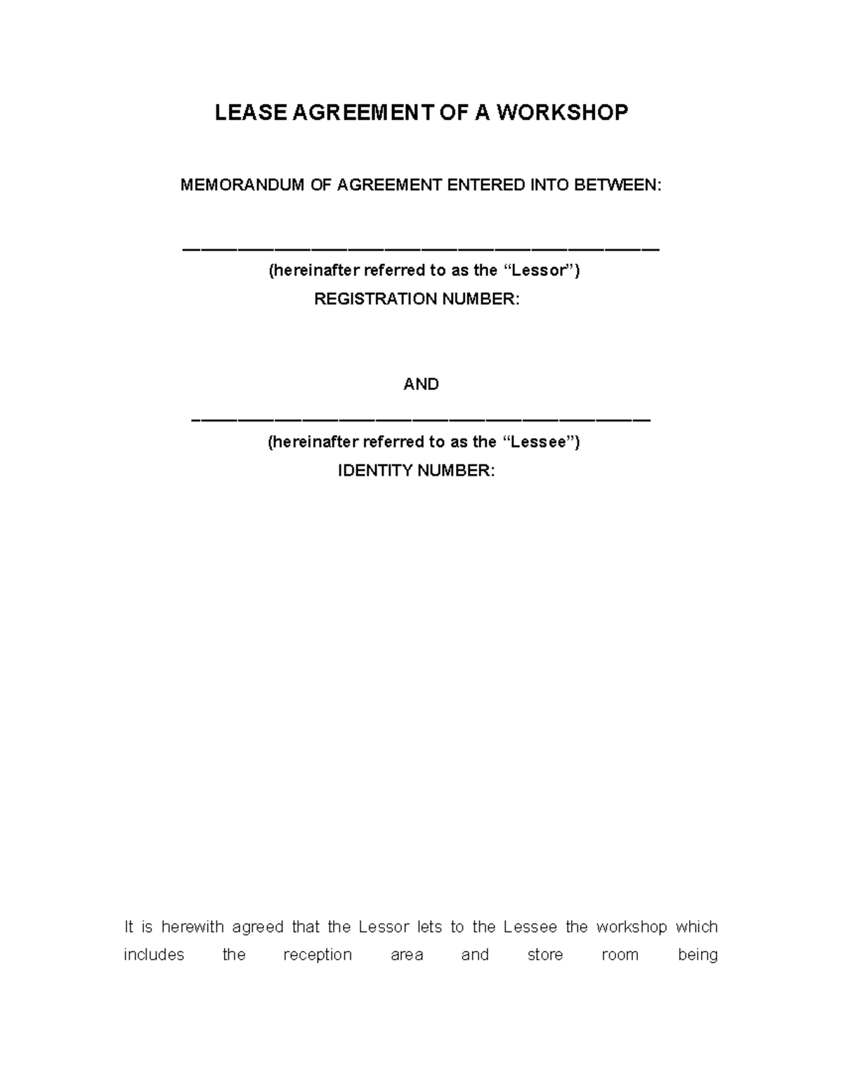 Lease Agreement - LEASE AGREEMENT OF A WORKSHOP MEMORANDUM OF AGREEMENT ...