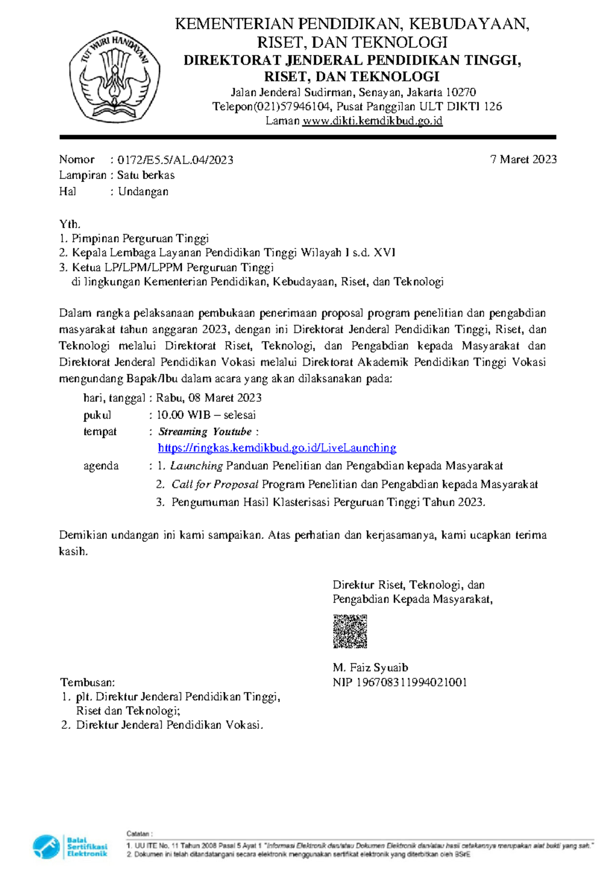 Undangan Launching Penerimaan Proposal Penelitian dan Pengabdian kepada Masyarakat Dikti dan ...