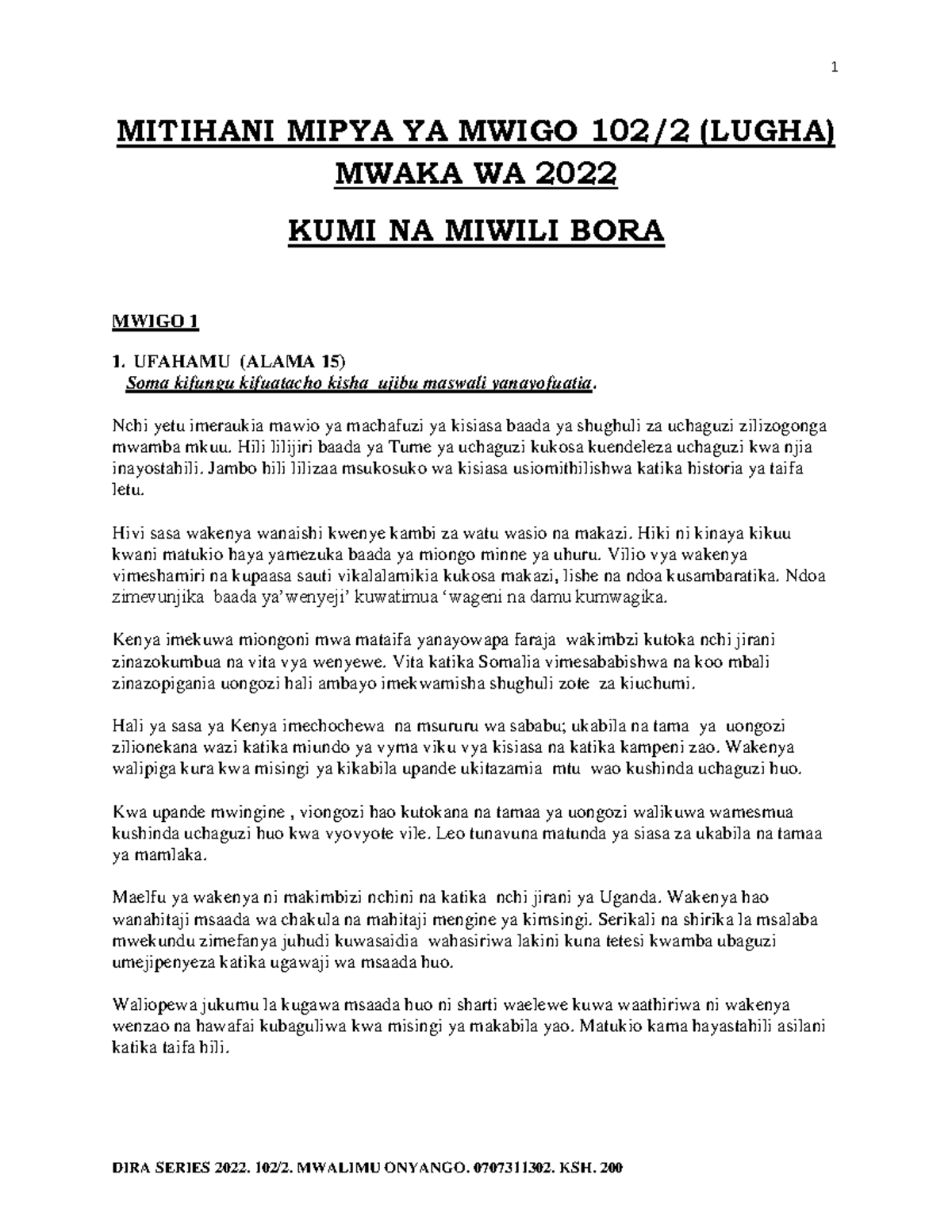 Mitihani Mipya Lugha - For practicing Kiswwahili - MITIHANI MIPYA YA ...