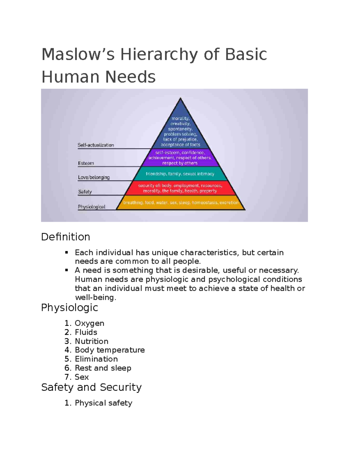 Maslow - Maslow’s Hierarchy of Basic Human Needs Definition Each ...