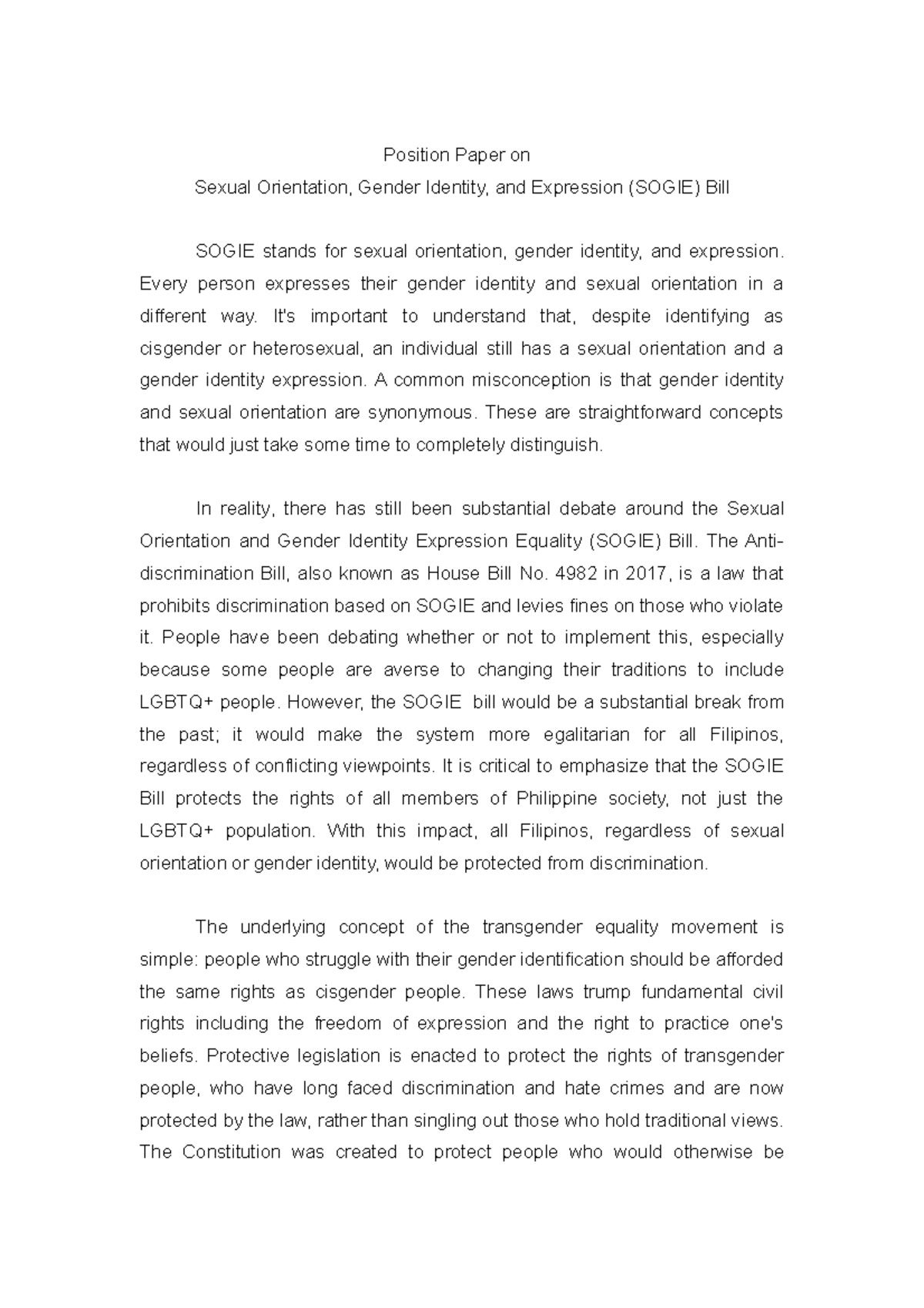 Position Paper Sogie BILL - Position Paper on Sexual Orientation ...