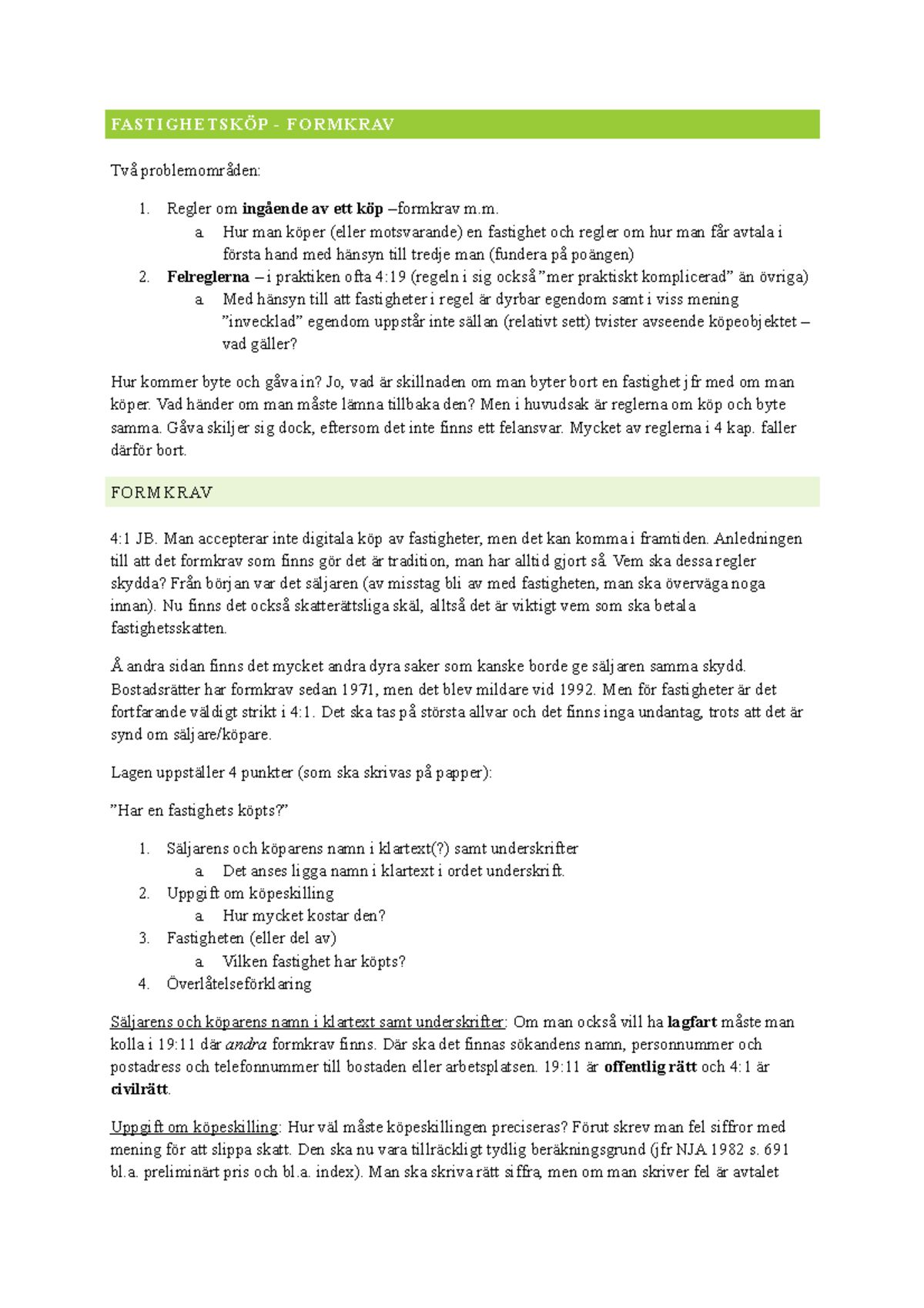 Fastighetsköp 1 föreläsning – CD - FASTIGHETSKÖP - FORMKRAV Två ...