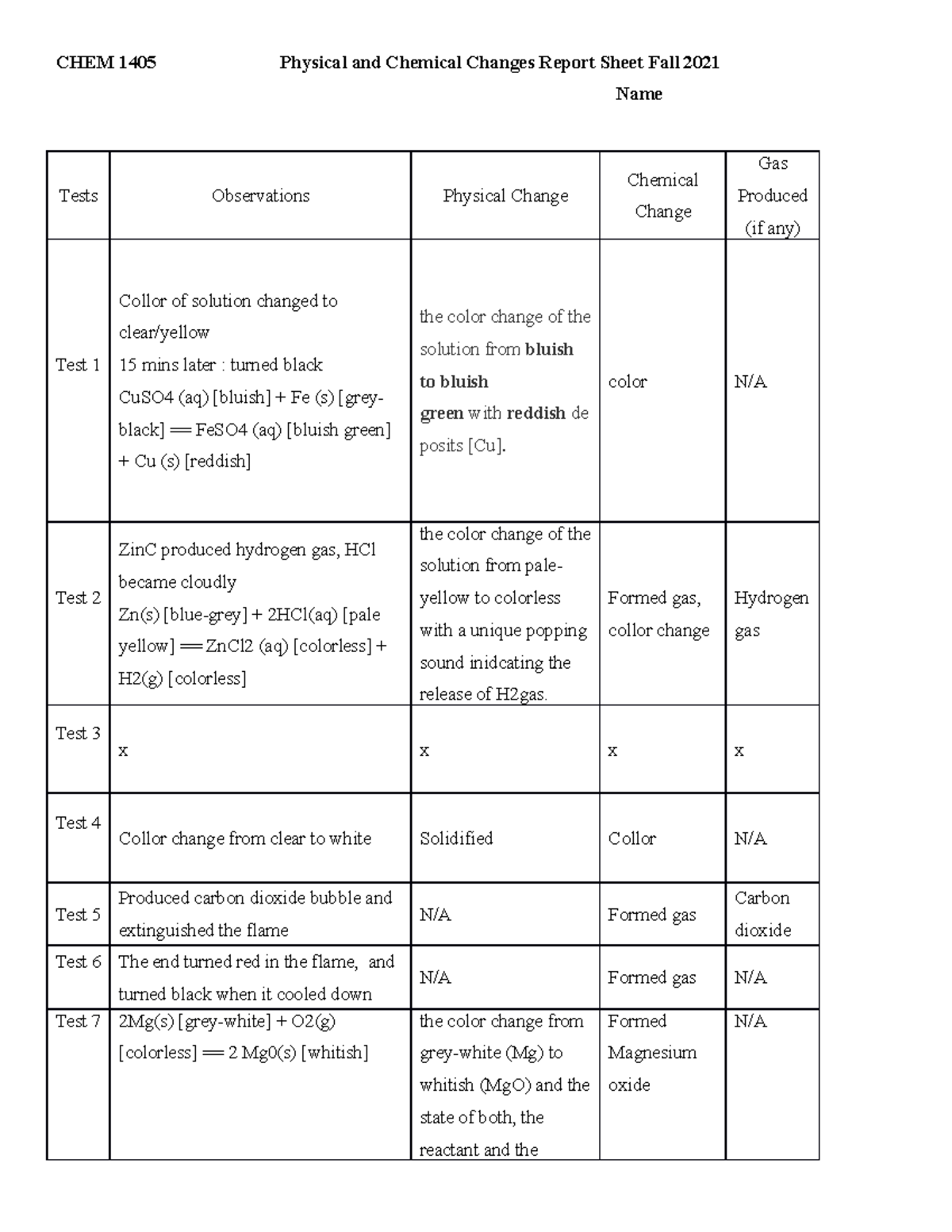 1405-Physical-Chemical-Changes-Report Sheet Fall 2021 - CHEM 1405 ...