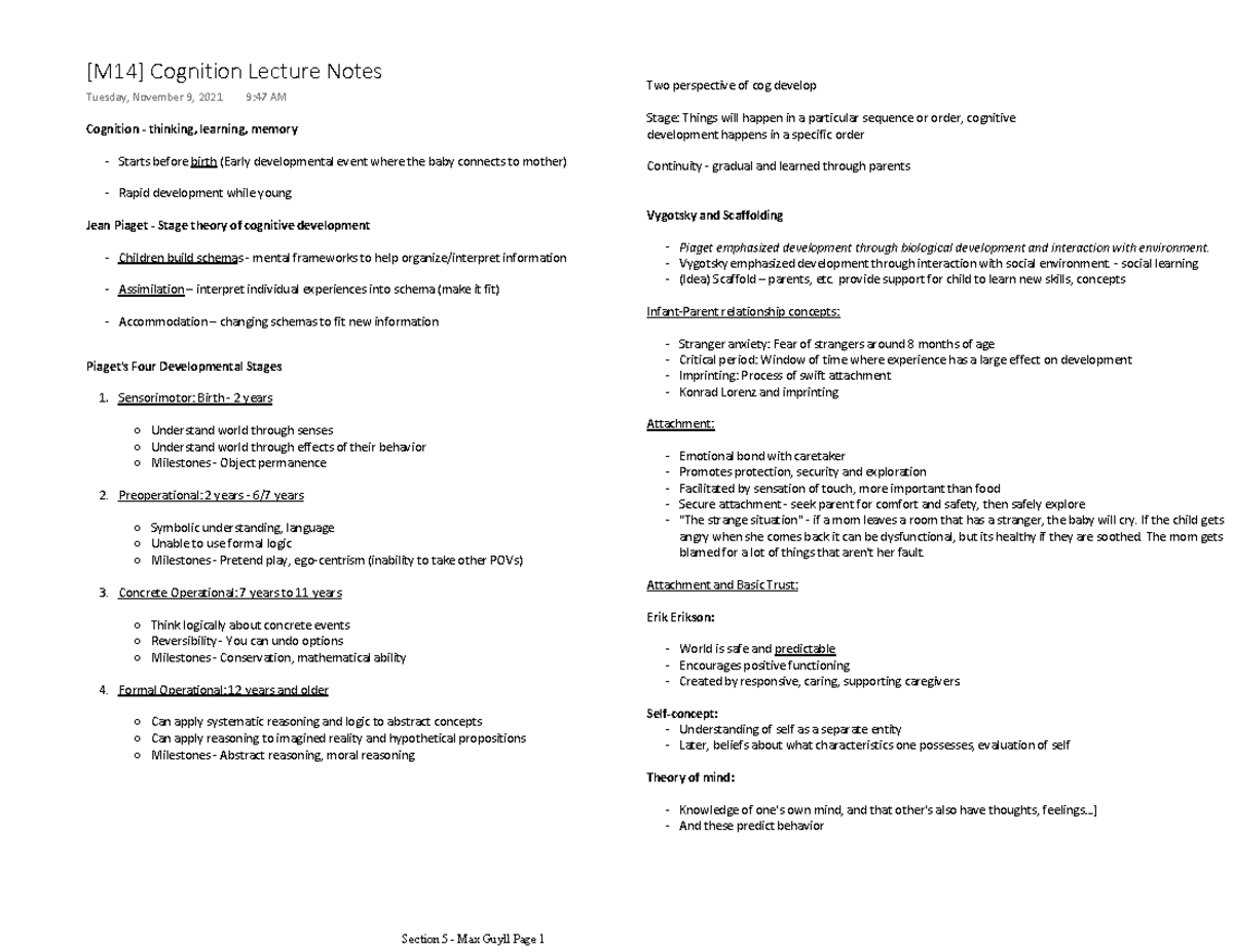 11 09 21 Cognition Lecture Notes Cognition Thinking Learning Memory Starts Before Birth