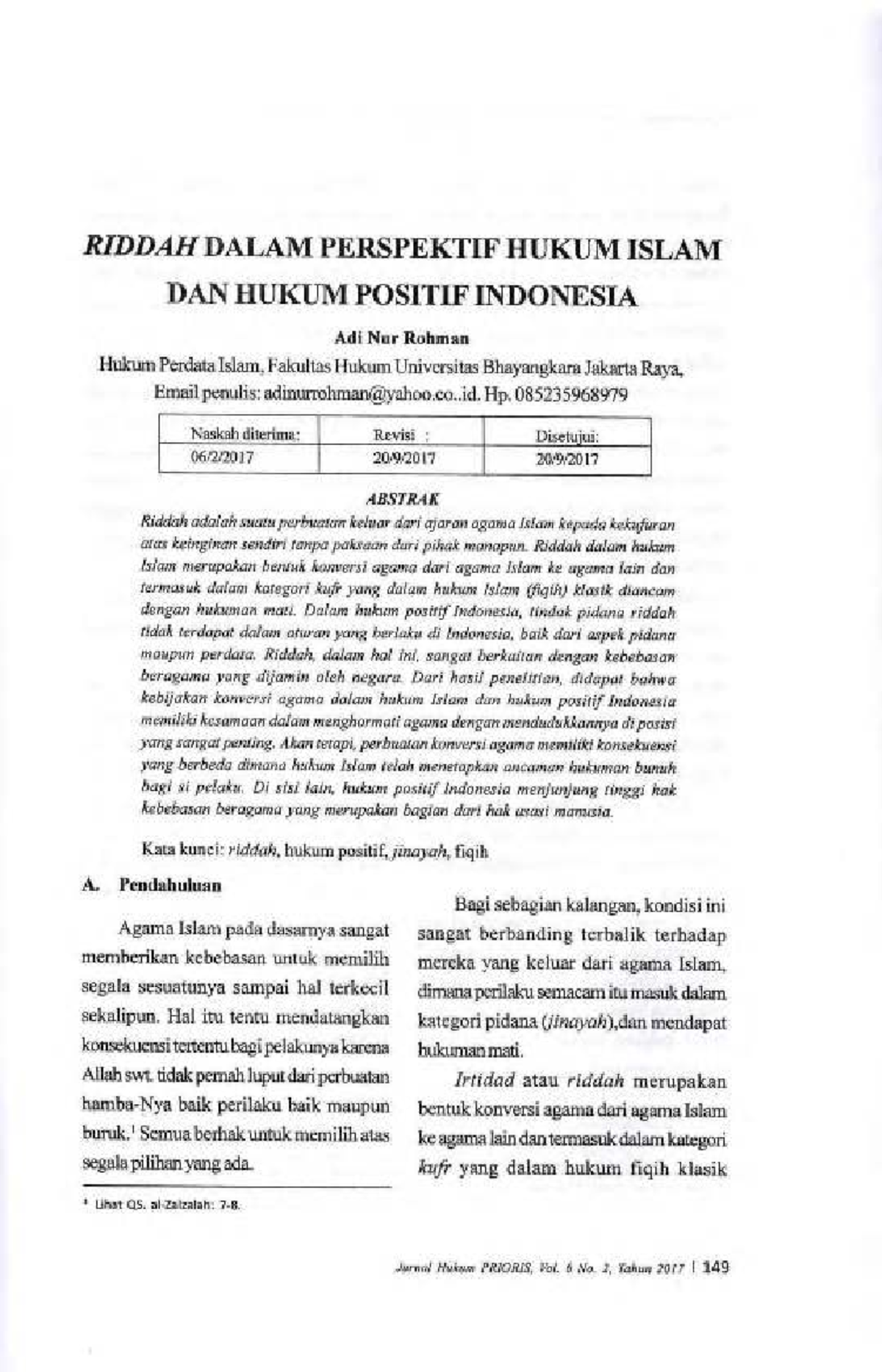 Riddah Dalam Perspektif Hukum Islam Dan Hukum Positif Indonesia - Hukum ...