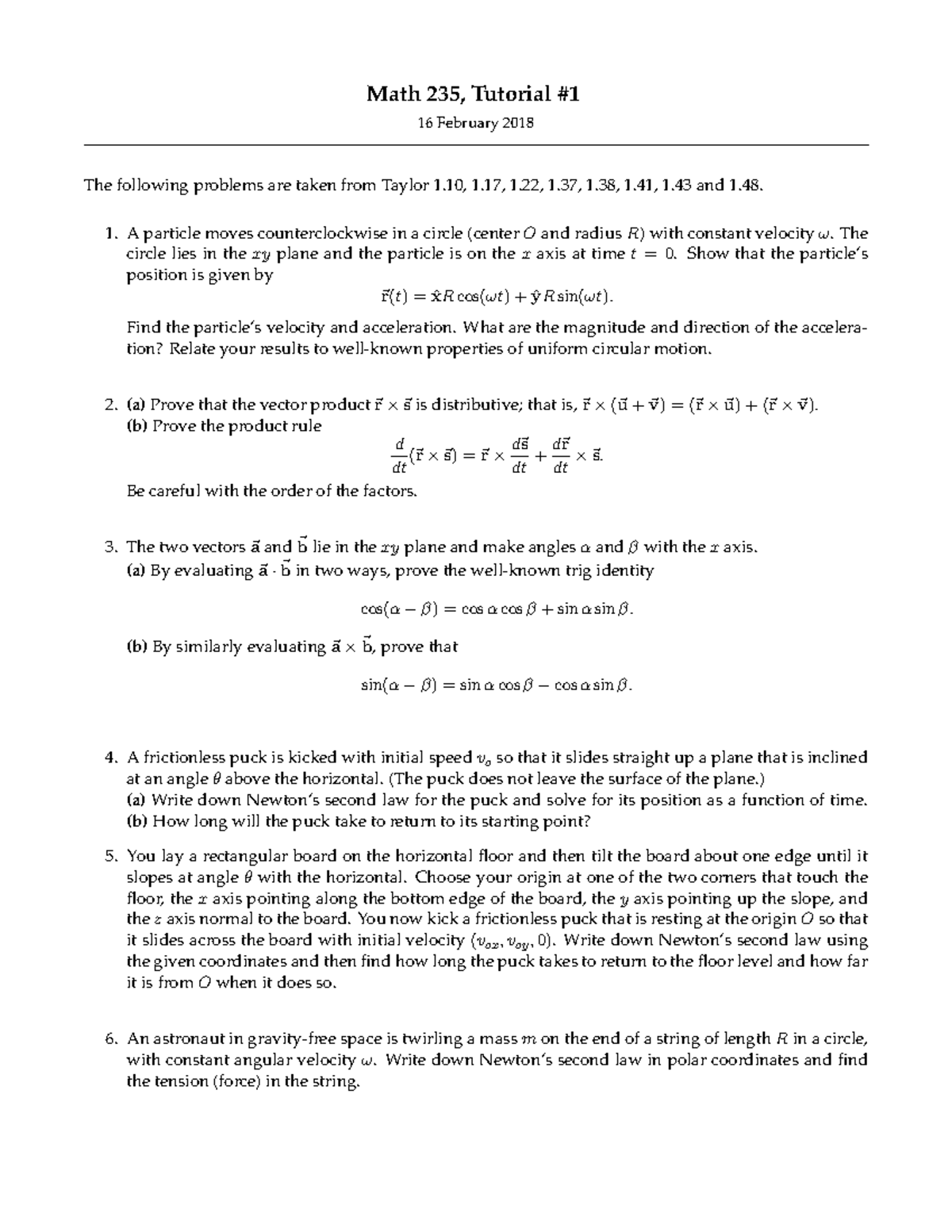 Tutorial 01 - mechanics math - Math 235, Tutorial 16 February 2018 The ...