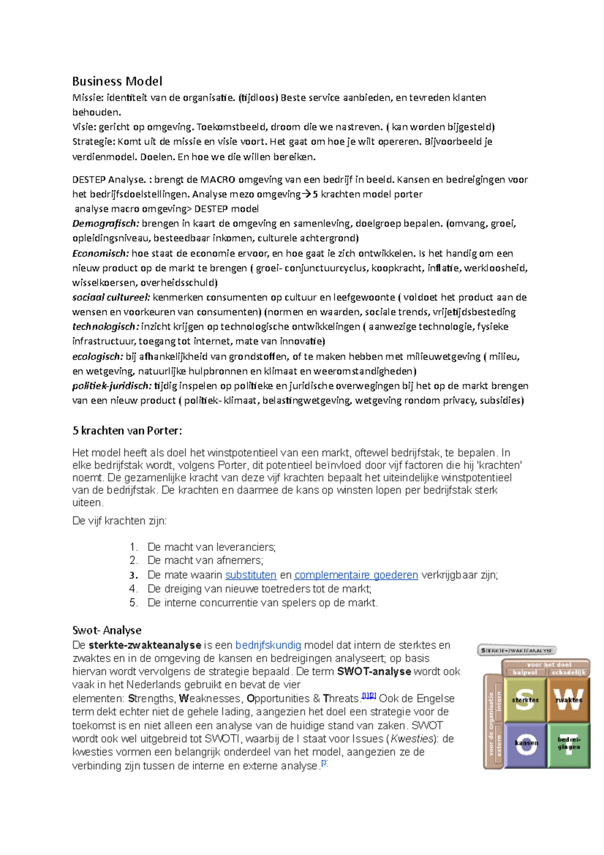 Business Model - aantekeningen - Business Model Missie: identiteit van ...