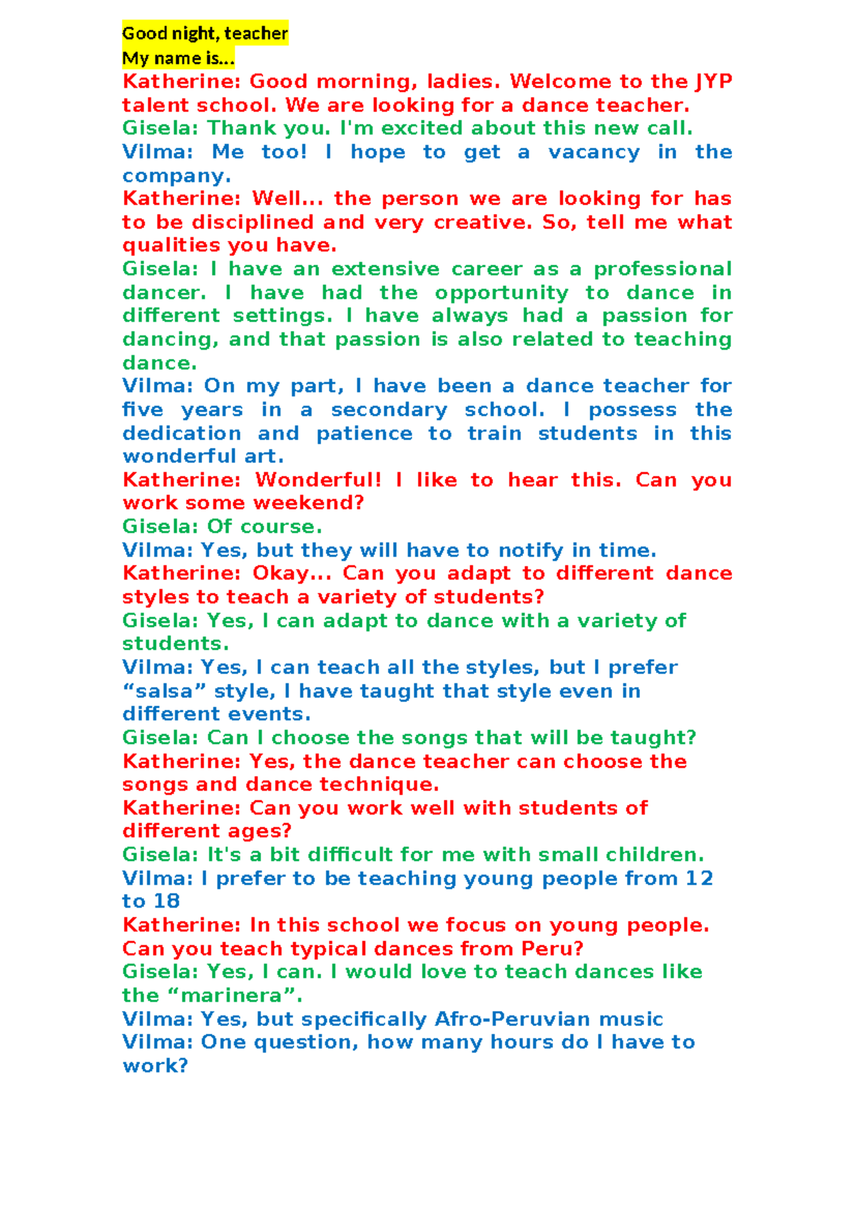 Good night - semana 14 ingles - Good night, teacher My name is ...