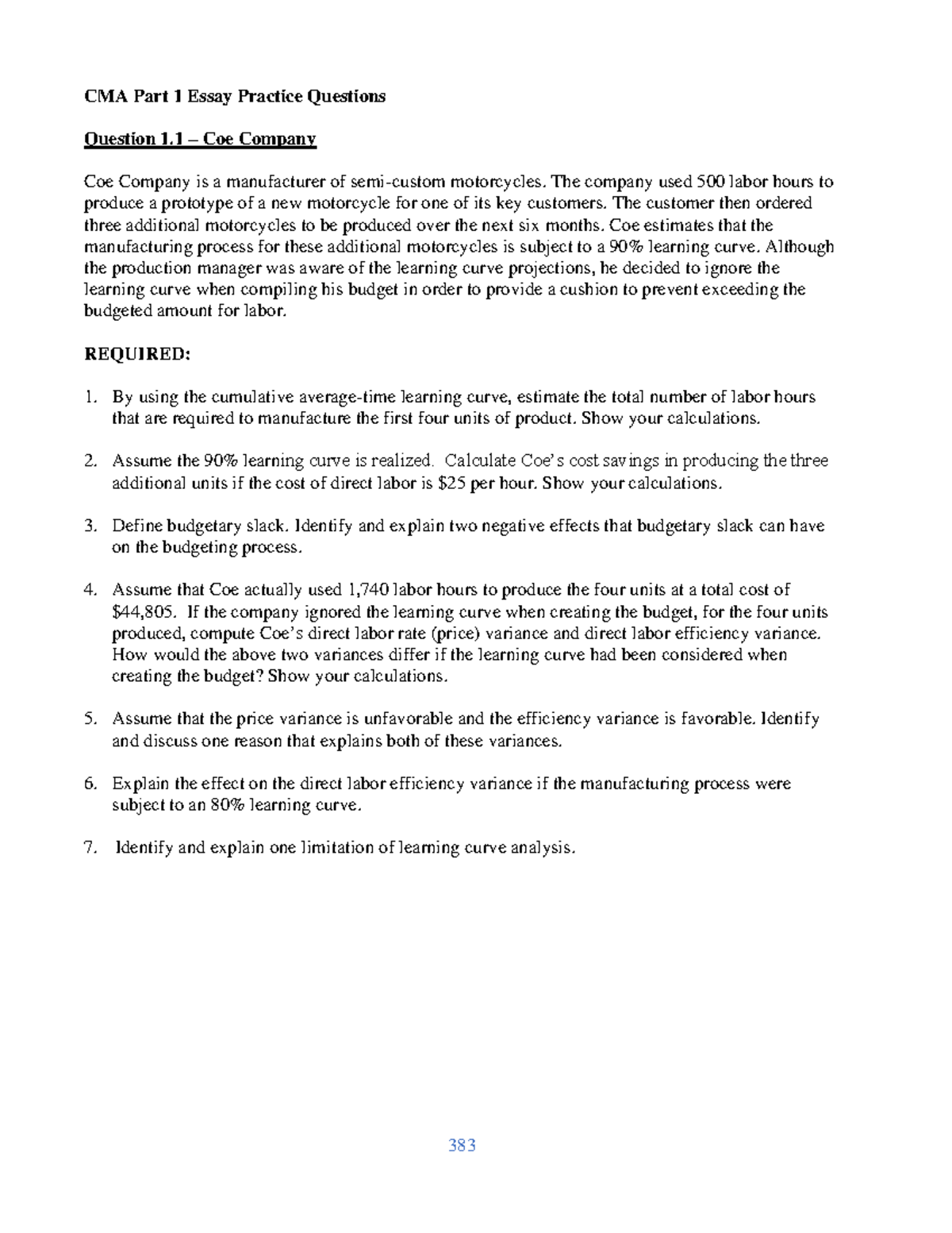 Essay questions IMA - EXAMPLES OF CMA - CMA Part 1 Essay Practice ...