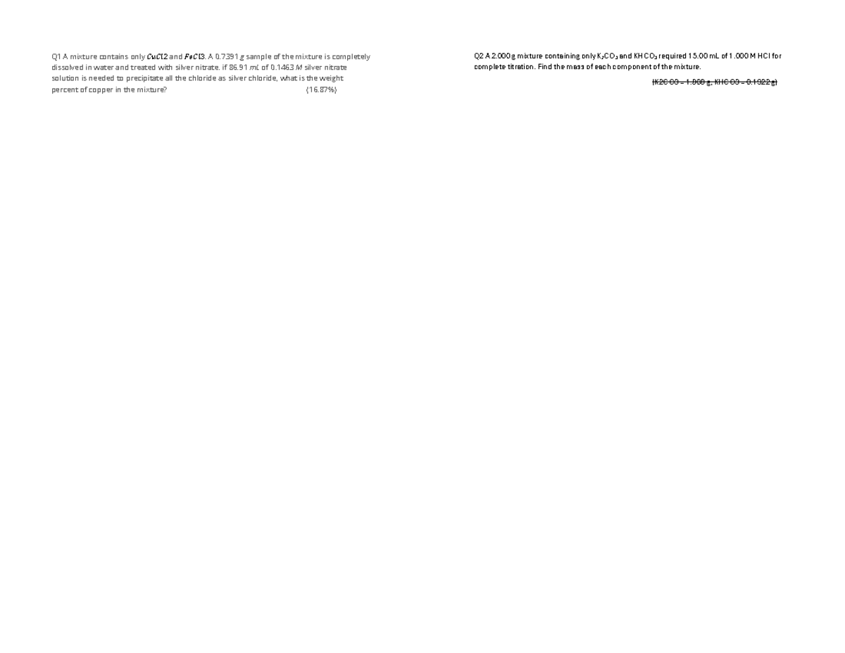 7 Extra Titration Calcs - Q1 A mixture contains only 𝐶𝑢𝐶𝑙 2 and 𝐹𝑒𝐶𝑙 3 ...