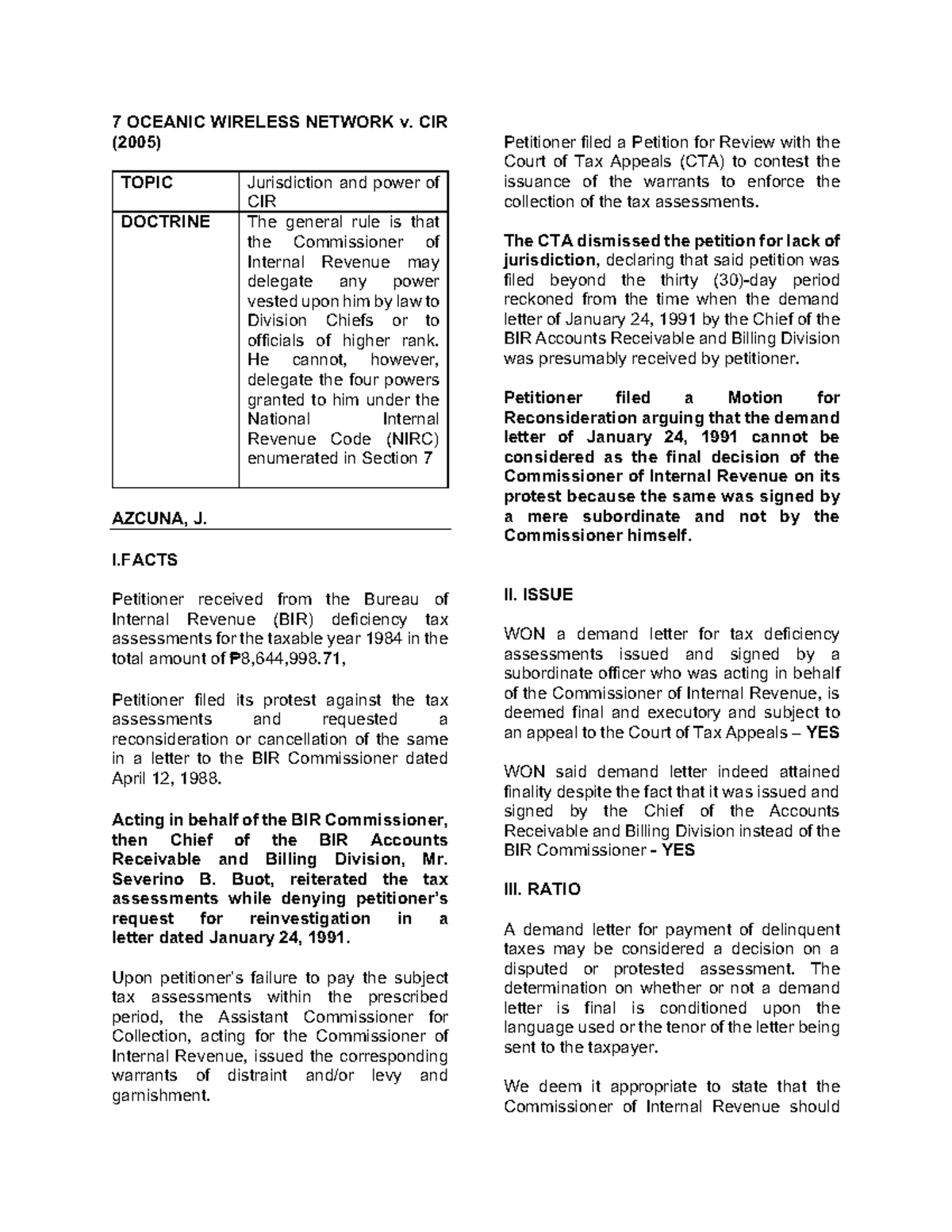 7 Oceanic v. CIR - 7 OCEANIC WIRELESS NETWORK v. CIR (2005) TOPIC ...