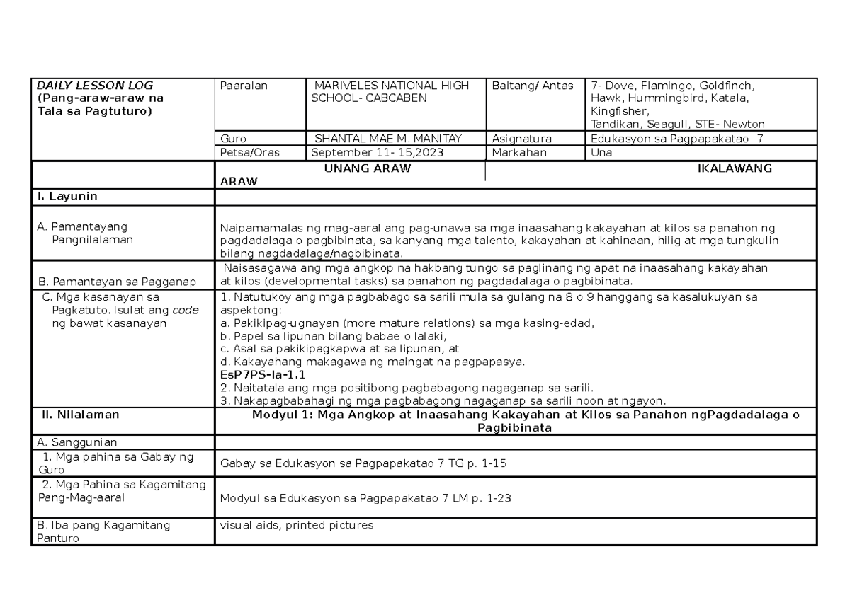1 DLL 7 AKO Ngayon - PAgbabagong narranasan sa panahon ng pagdadalaga o ...