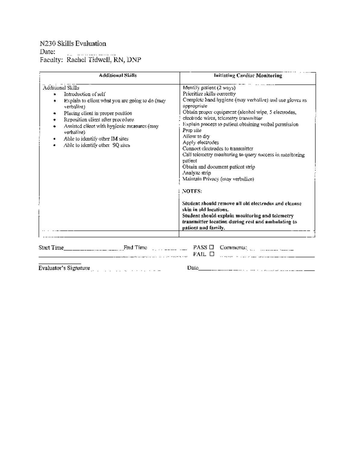 Telemetry electrode competency 1 - N230 Skills Evaluation Date: Faculty ...