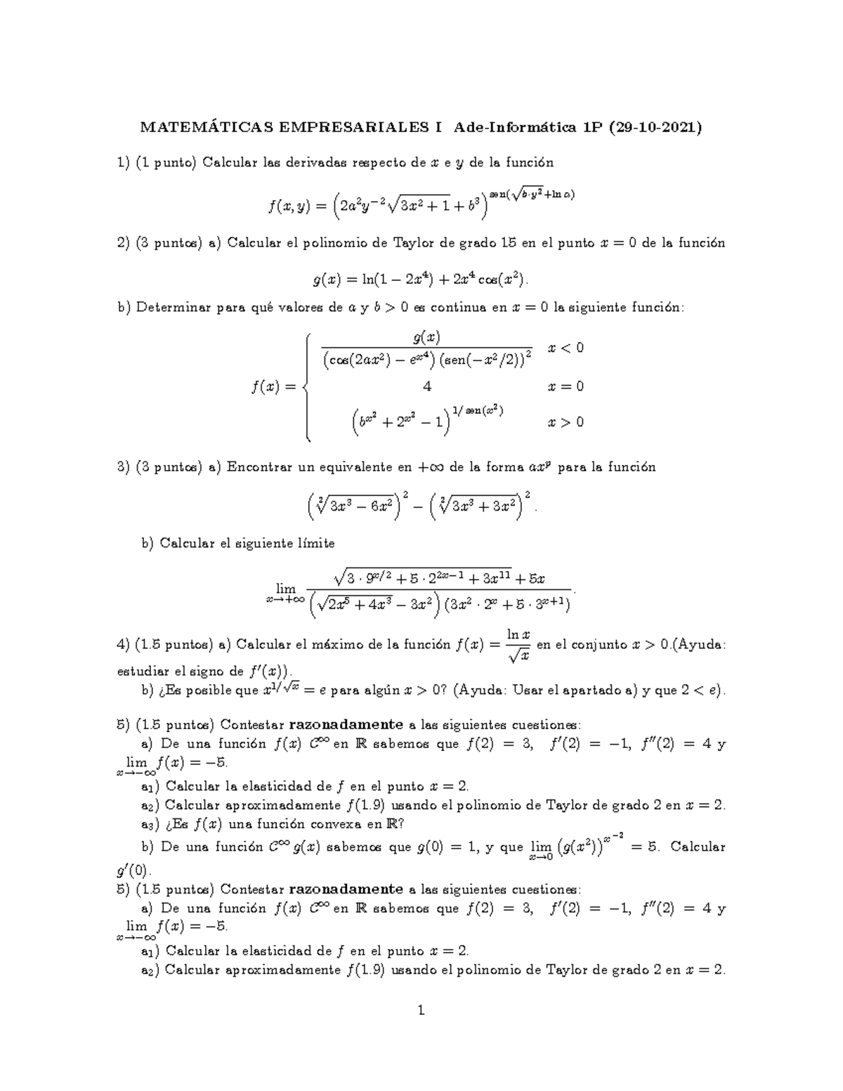 Examen 202122 - MATEM¡TICAS EMPRESARIALES I Ade-Inform·tica 1P (29-10-2021) (1 punto) Calcular ...