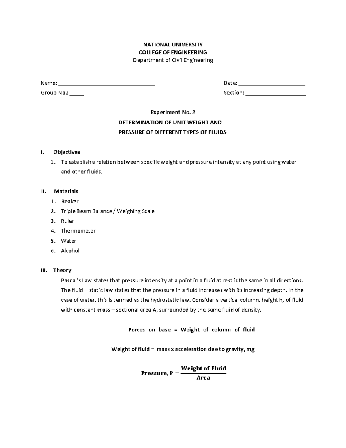 Experiment P - eperimental - NATIONAL UNIVERSITY COLLEGE OF ENGINEERING ...