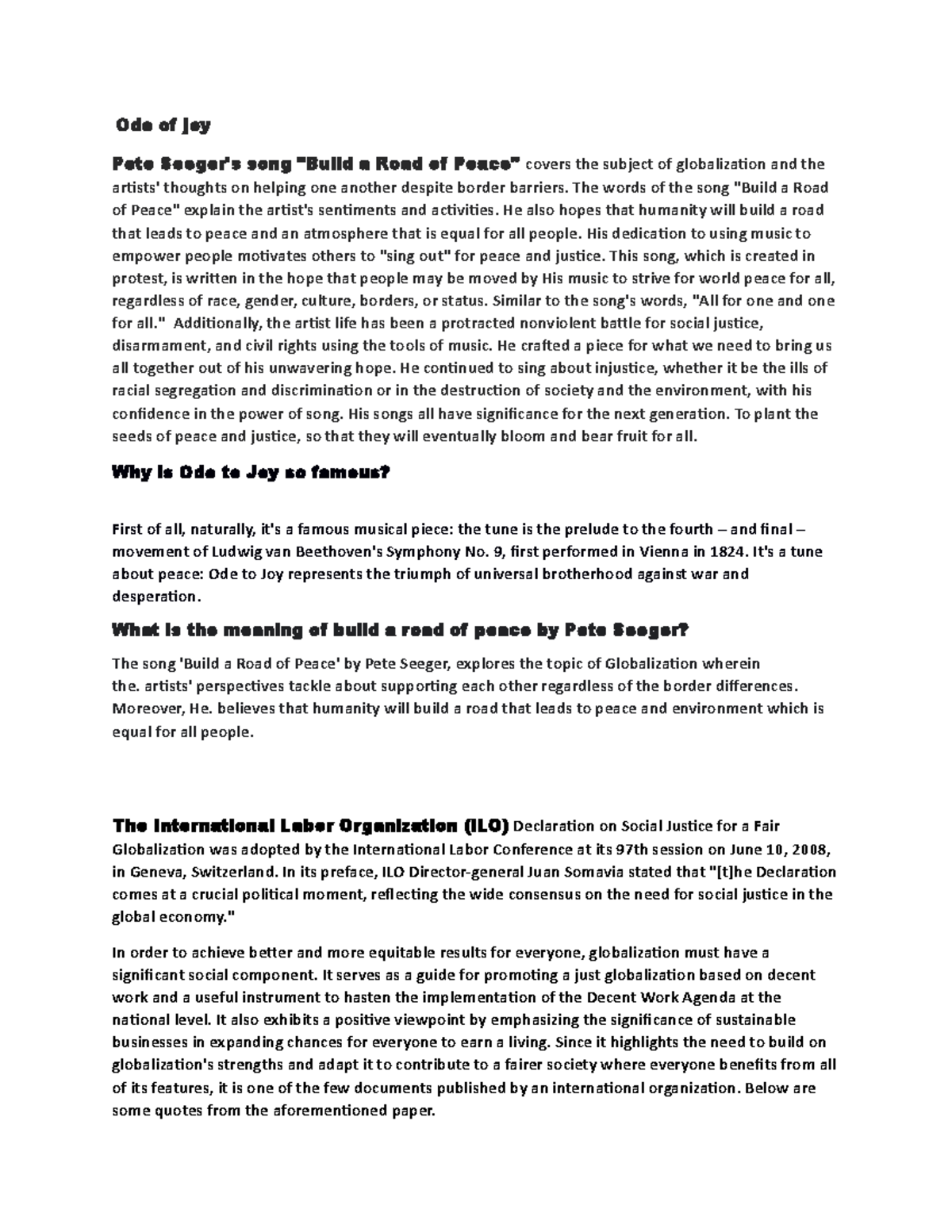Contemporary report - Ode of joy Pete Seeger's song "Build a Road of Peace" covers the - Studocu