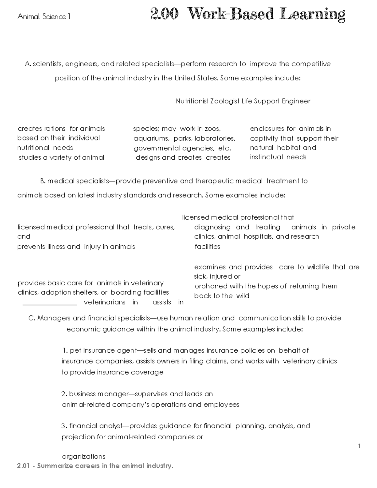 Copy of ANS1 NEW - 2.01 ISN - Animal Science 1 2 Work-Based Learning A ...