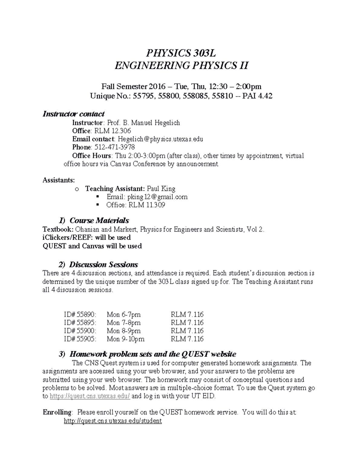 Syllabus Hegelich 303L Fall2017 - PHYSICS 303L ENGINEERING PHYSICS II Fall Semester 2016 – Tue ...