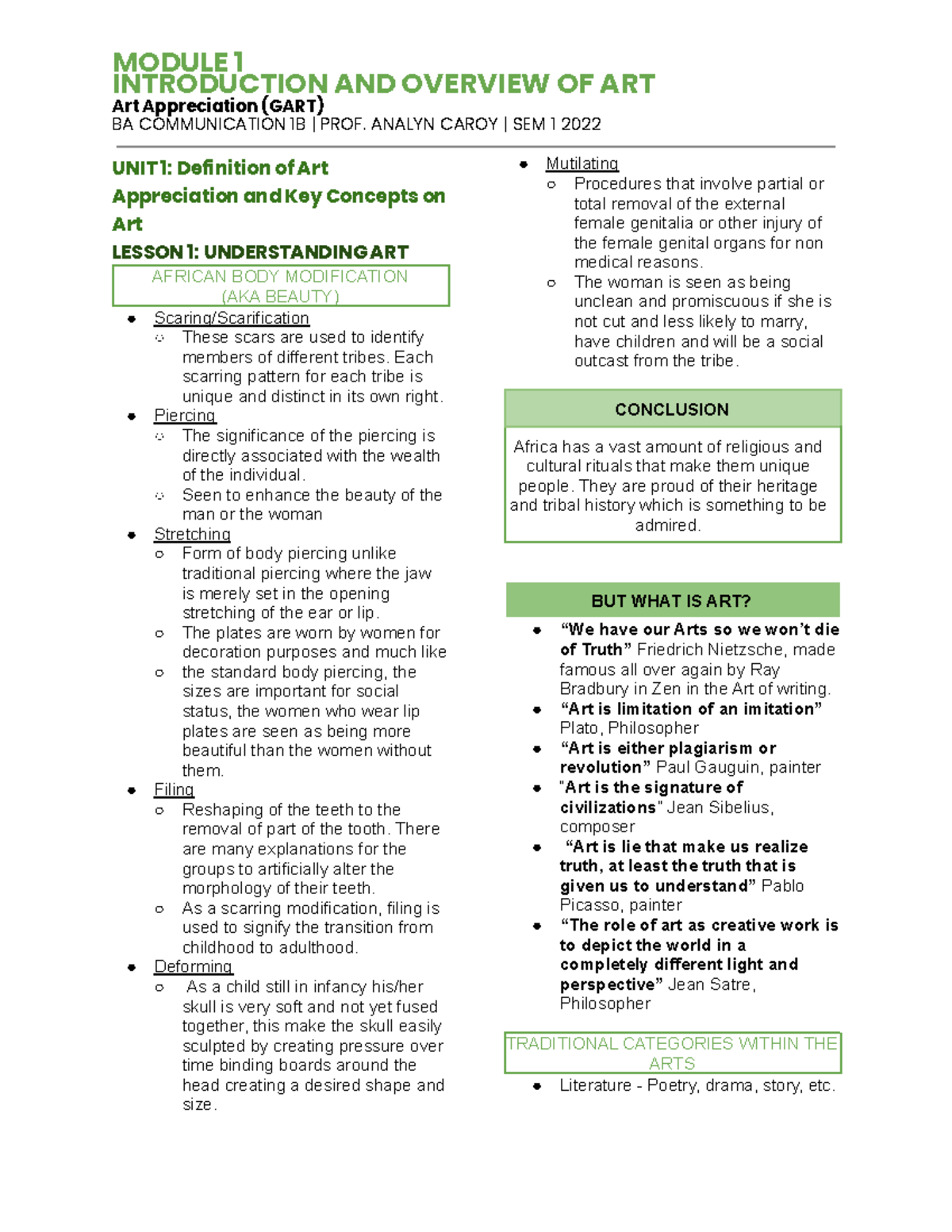 GART Prelims - MODULE 1 INTRODUCTION AND OVERVIEW OF ART Art Appreciation (GART) BA ...
