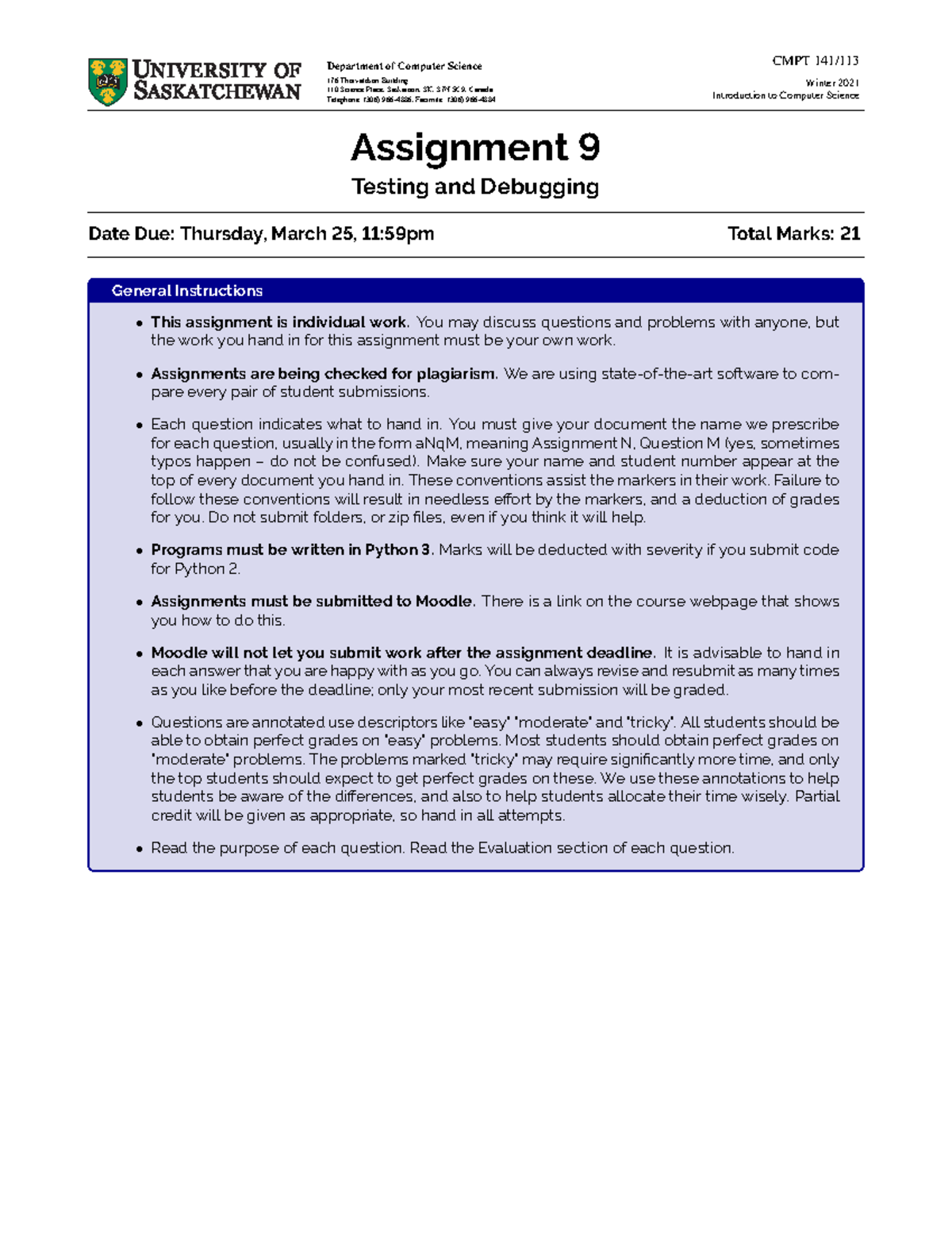 Asn9 - Assignment 9 - Department of Computer Science 176 Thorvaldson ...