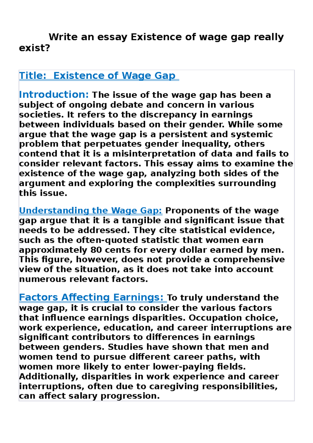 Existence of Wage Gap - This essay explores the concept of emotional ...