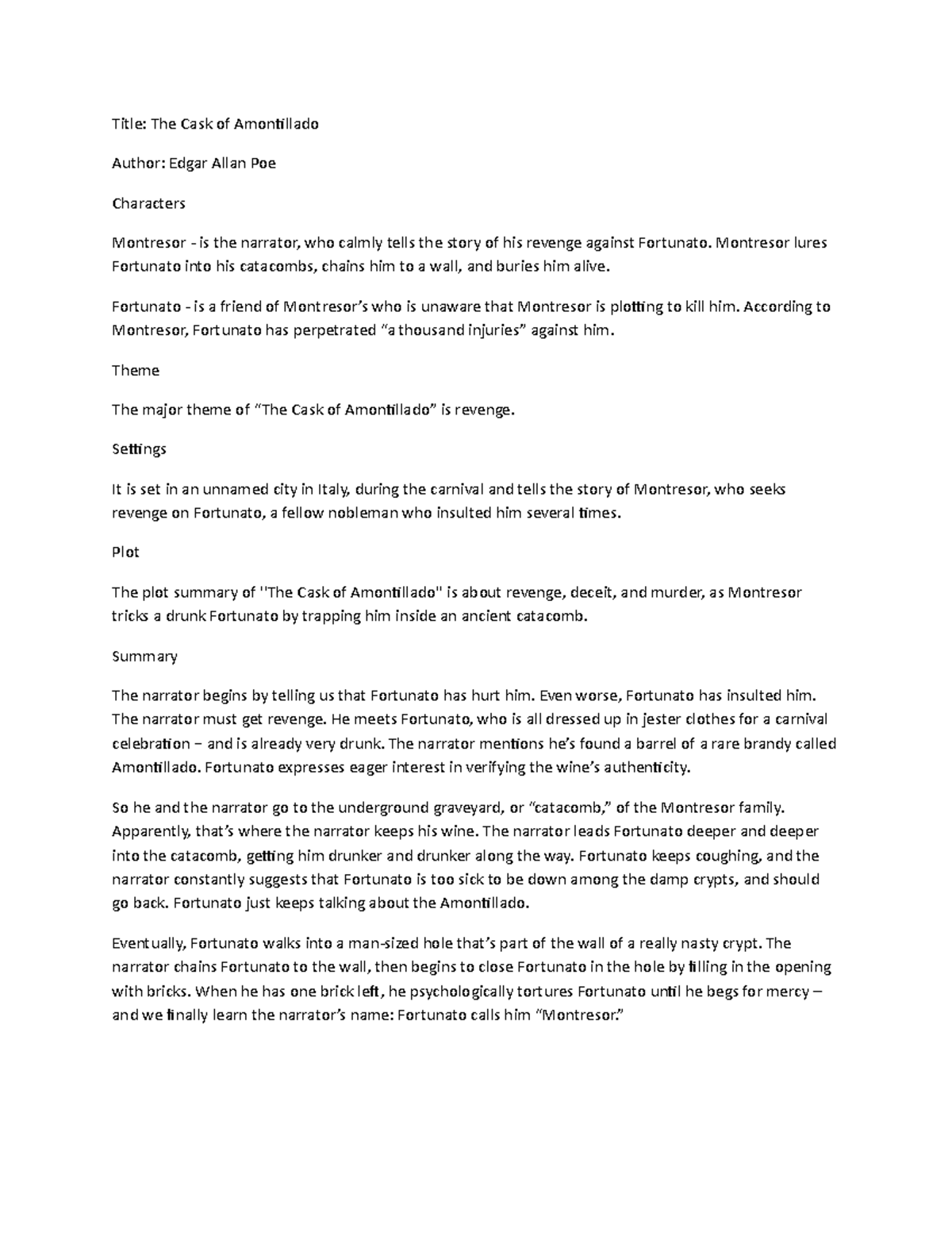 Roel Aljon Short Story - Nice - Title: The Cask of Amontillado Author ...