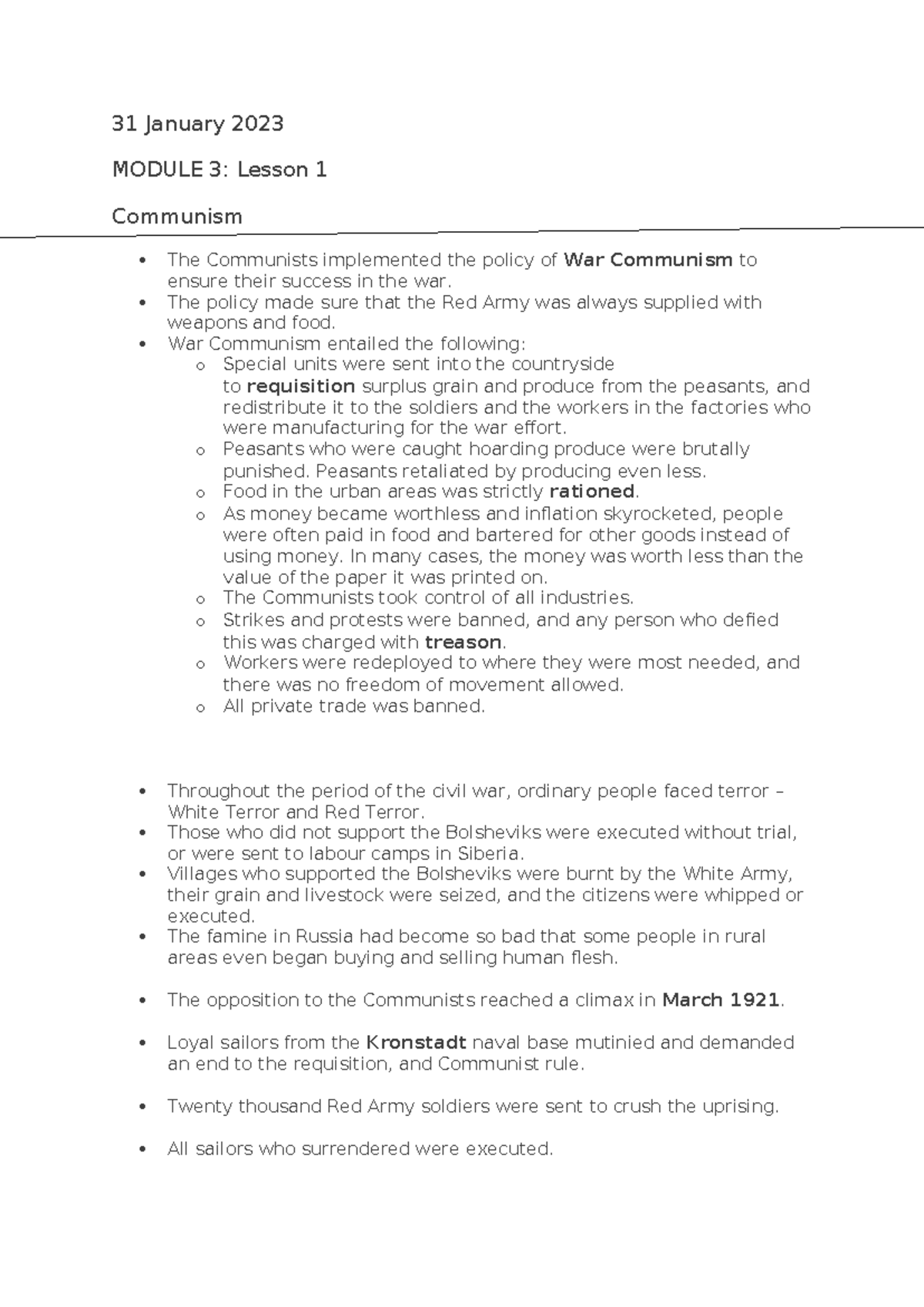 Module 3- Lenin's Soviet Union - 31 January 2023 MODULE 3: Lesson 1 ...