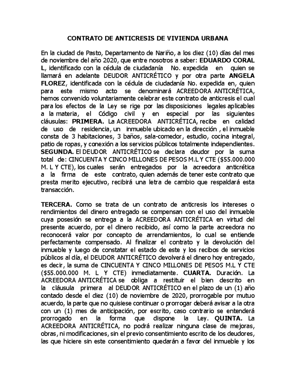 Contrato DE Anticresis - CONTRATO DE ANTICRESIS DE VIVIENDA URBANA En ...