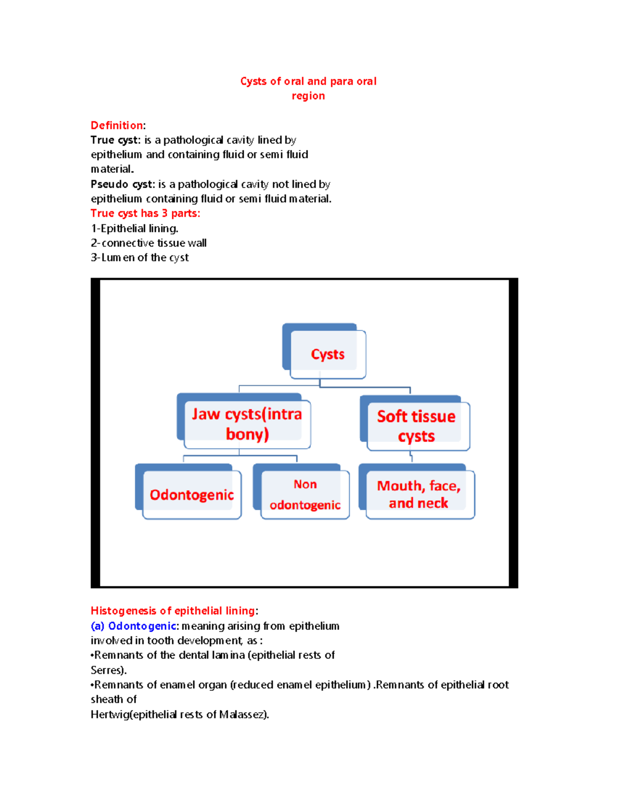 Cysts of oral and para oral region - Cysts of oral and para oral region Definition: True cyst ...