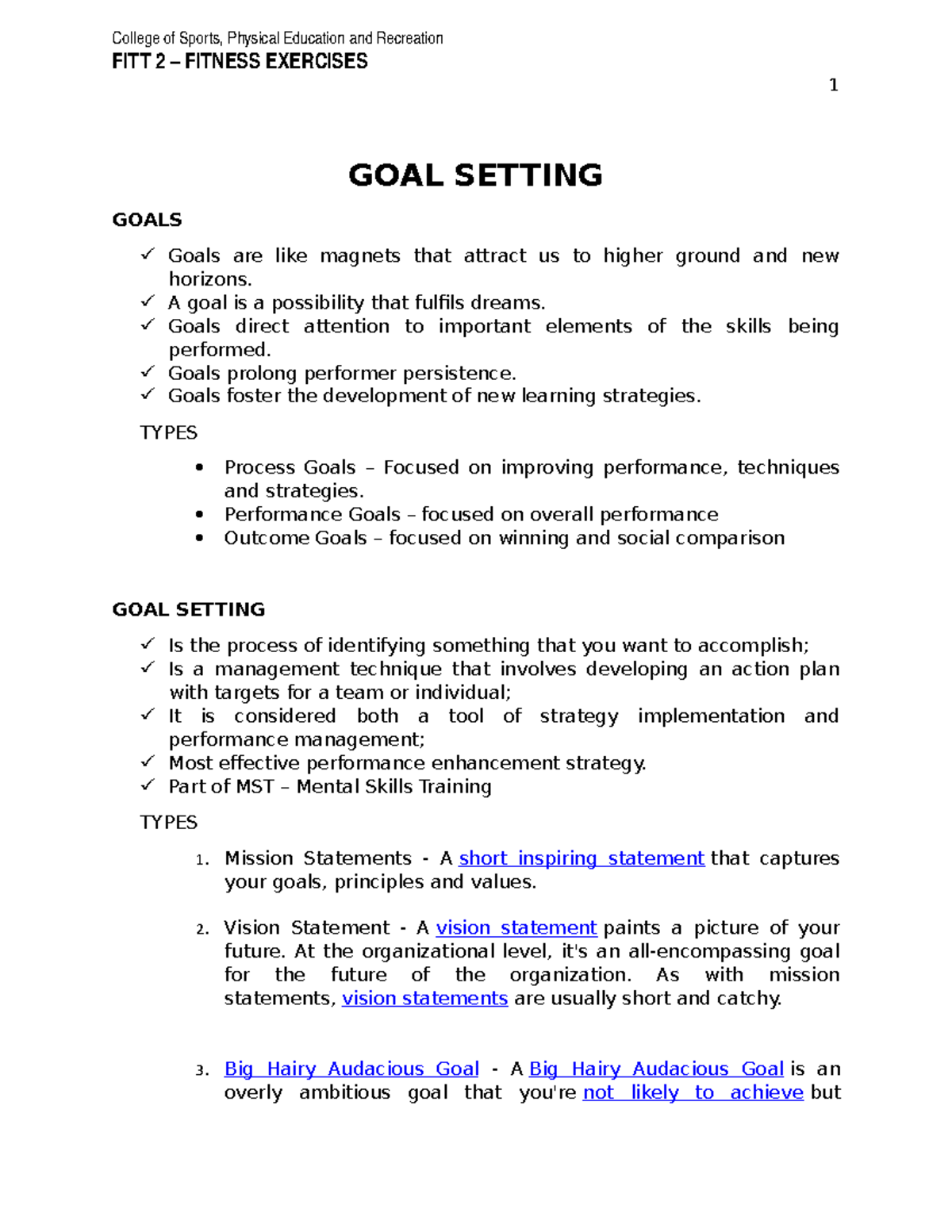 FITT-2-Handouts - Lecture notes 1 - FITT 2 – FITNESS EXERCISES 1 GOAL ...