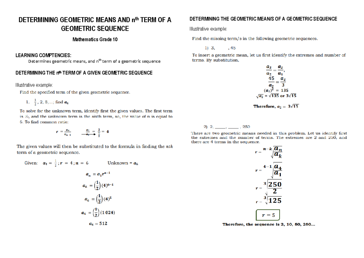 Determining Geometric Means AND nth TERM OF A Geometric Sequence ...