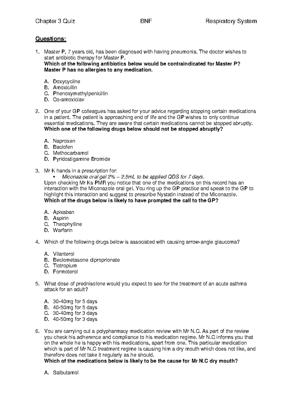 3. Resp Sys Quiz - quiz for prereg pharmacists uk - Questions: Master P ...