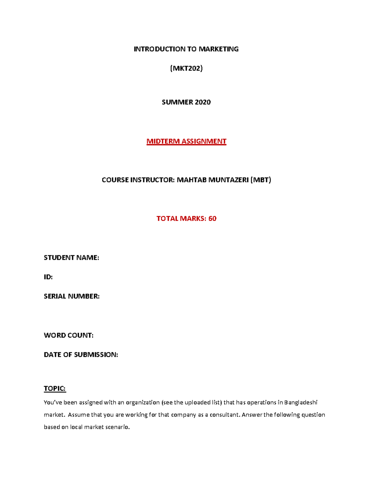 MKT202 MID Assignment - vvi - INTRODUCTION TO MARKETING (MKT202) SUMMER 2020 MIDTERM ASSIGNMENT ...