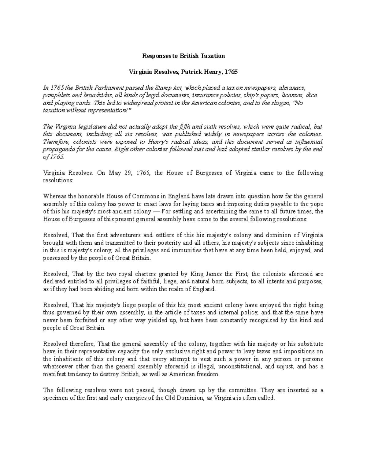 Primary Sources Responses to British Taxation - Responses to British ...