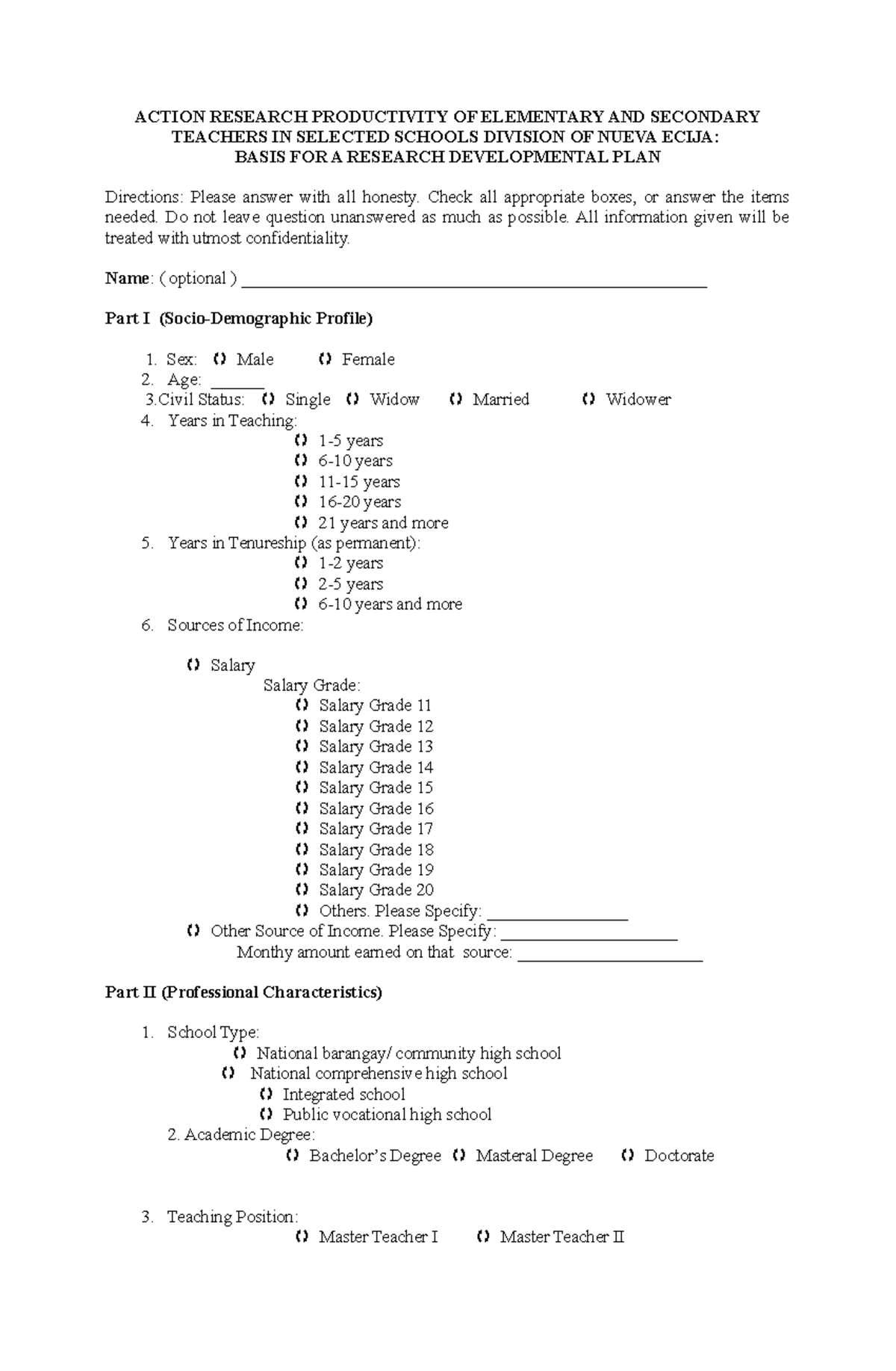 A research instrument - ACTION RESEARCH PRODUCTIVITY OF ELEMENTARY AND ...