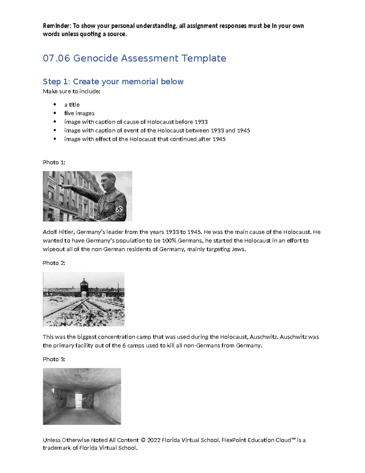 07.06 Genocide - flvs - Reminder: To show your personal understanding, all assignment responses ...