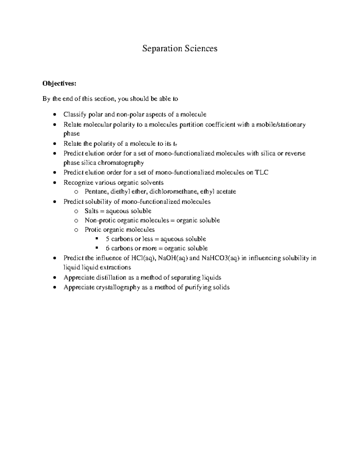 Seperation Sciences Outline - Separation Sciences Objectives: By the ...