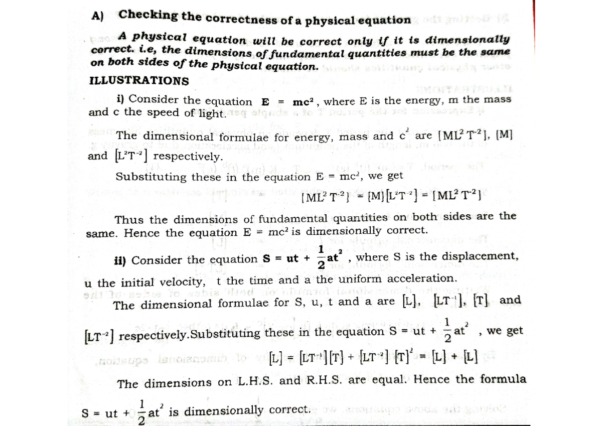 Application Dimensional Analysis; Check THE Correctness - Plus two science - Studocu