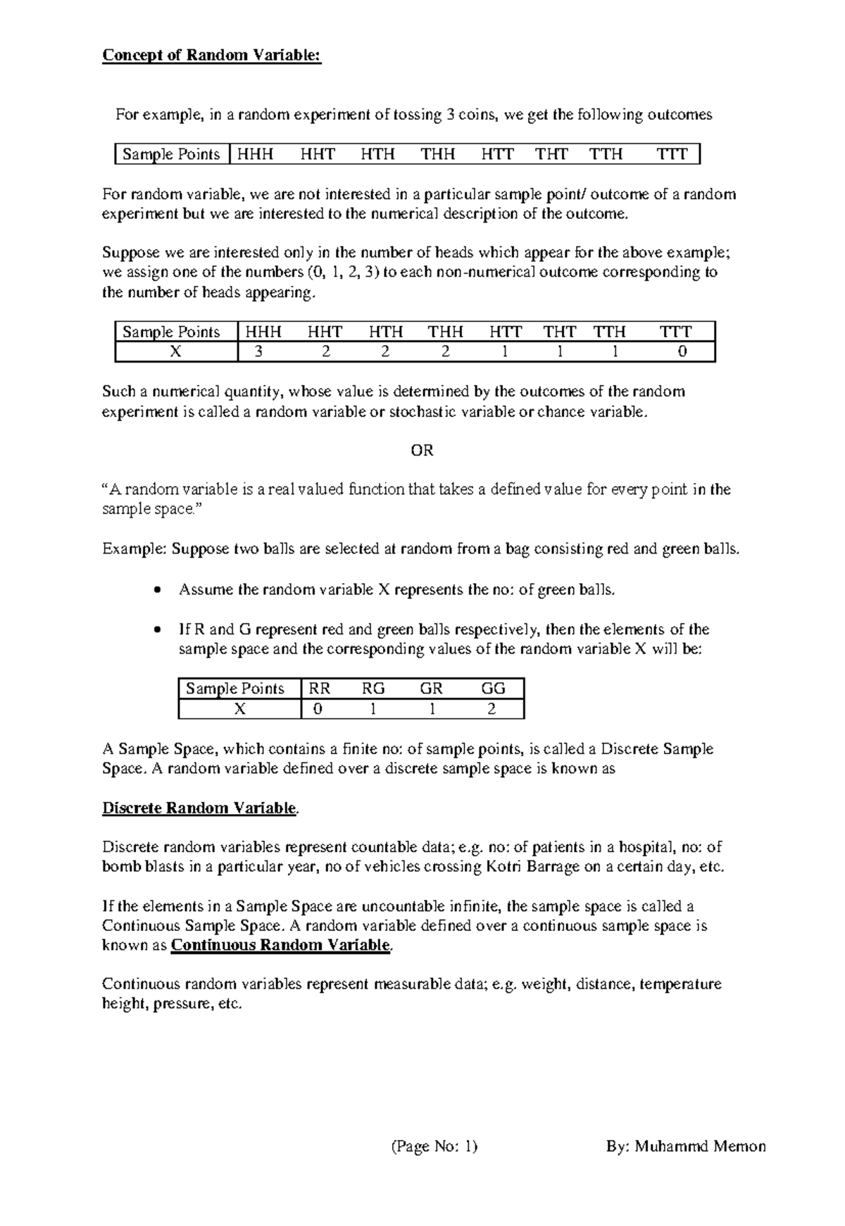 Probability Distributions - Concept of Random Variable: For example, in ...
