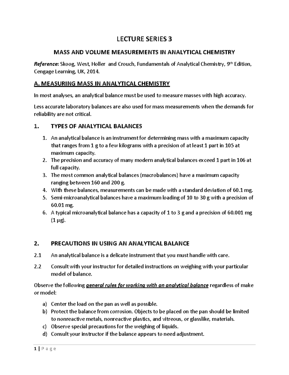 Lecture Series 3 - Measuring mass and volume in Analytical Chemistry ...