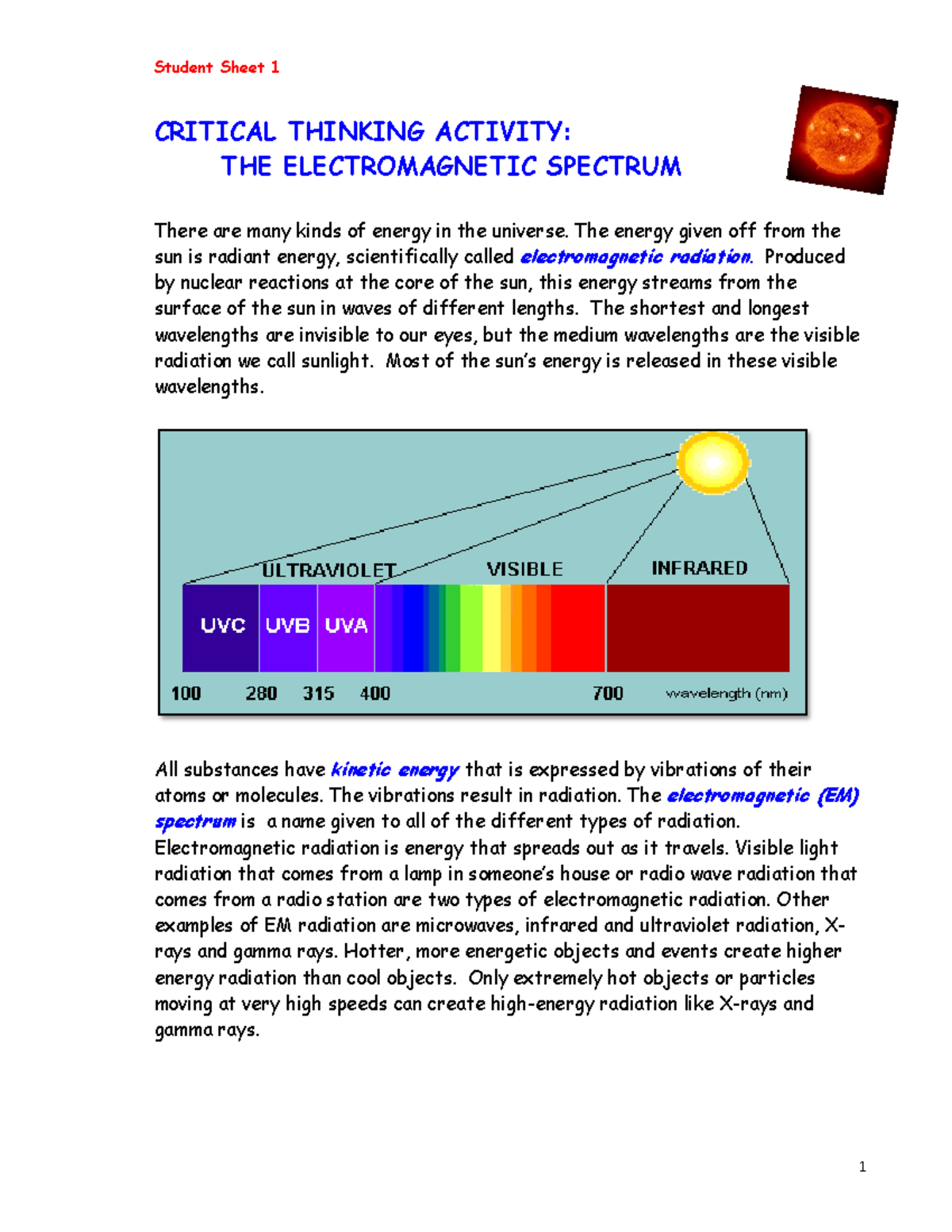 Electromagnetic Spectrum Learning Activity Sheet - CRITICAL THINKING ...