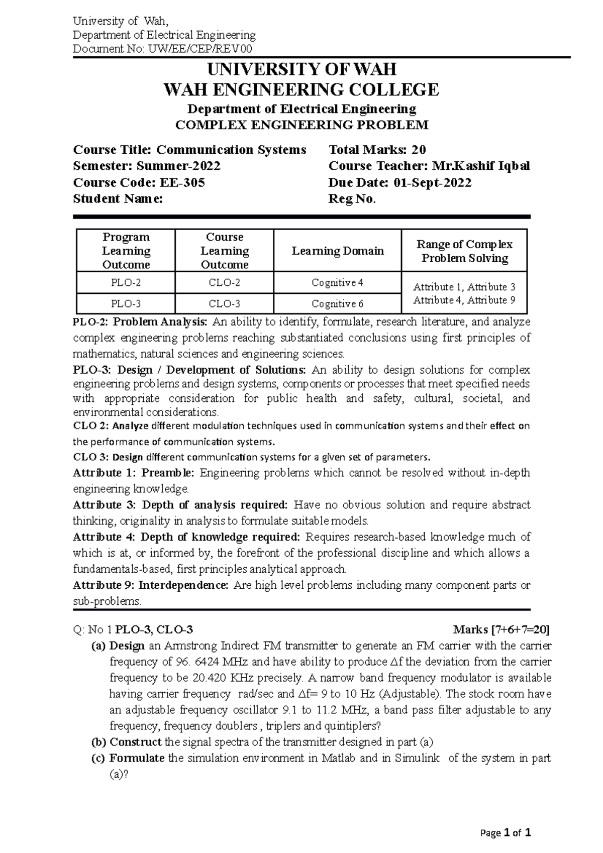 Complex Engineering Problem - Communication Systems 2022 - University ...